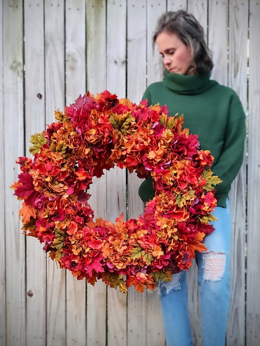 Bright Red and Orange Fall Hydrangea and Maple Leaf Wreath, Colorful ...
