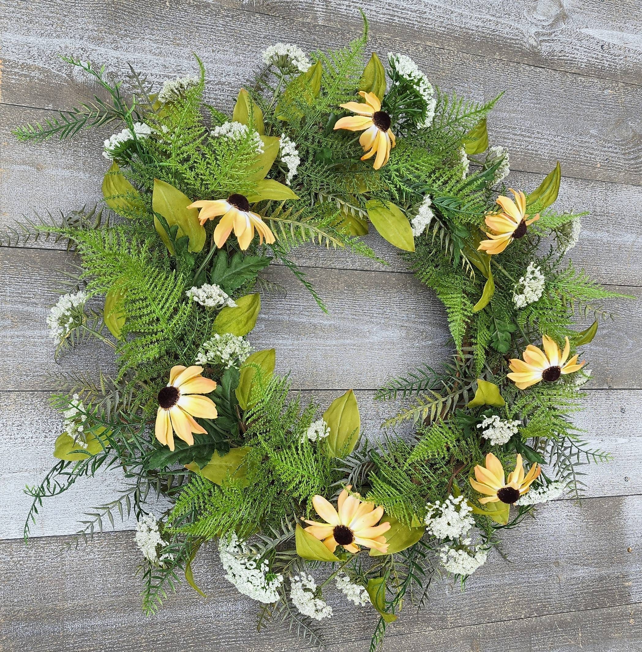Black Eyed Susan Wreath, Wispy Wildflower and Fern Wreath, Yellow ...