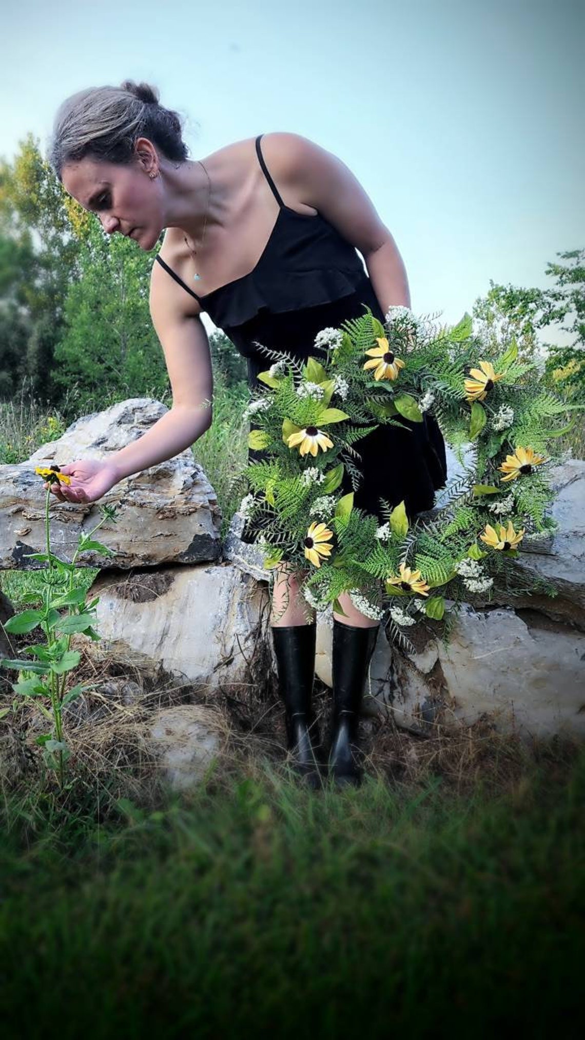 Black Eyed Susan Wreath, Wispy Wildflower and Fern Wreath, Yellow ...