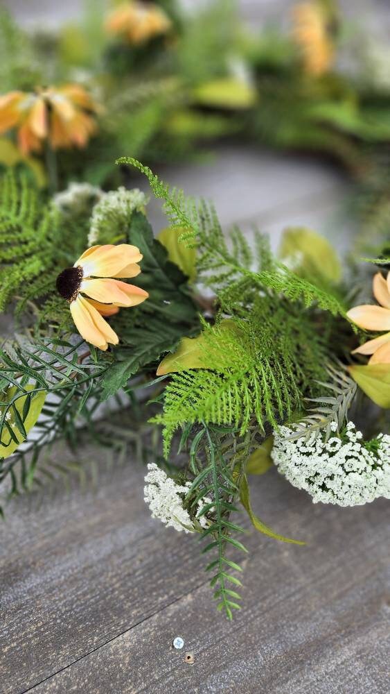 Black Eyed Susan Wreath, Wispy Wildflower and Fern Wreath, Yellow ...
