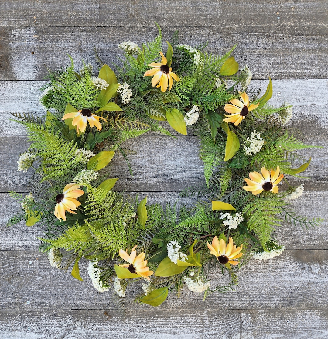 Black Eyed Susan Wreath, Wispy Wildflower and Fern Wreath, Yellow ...