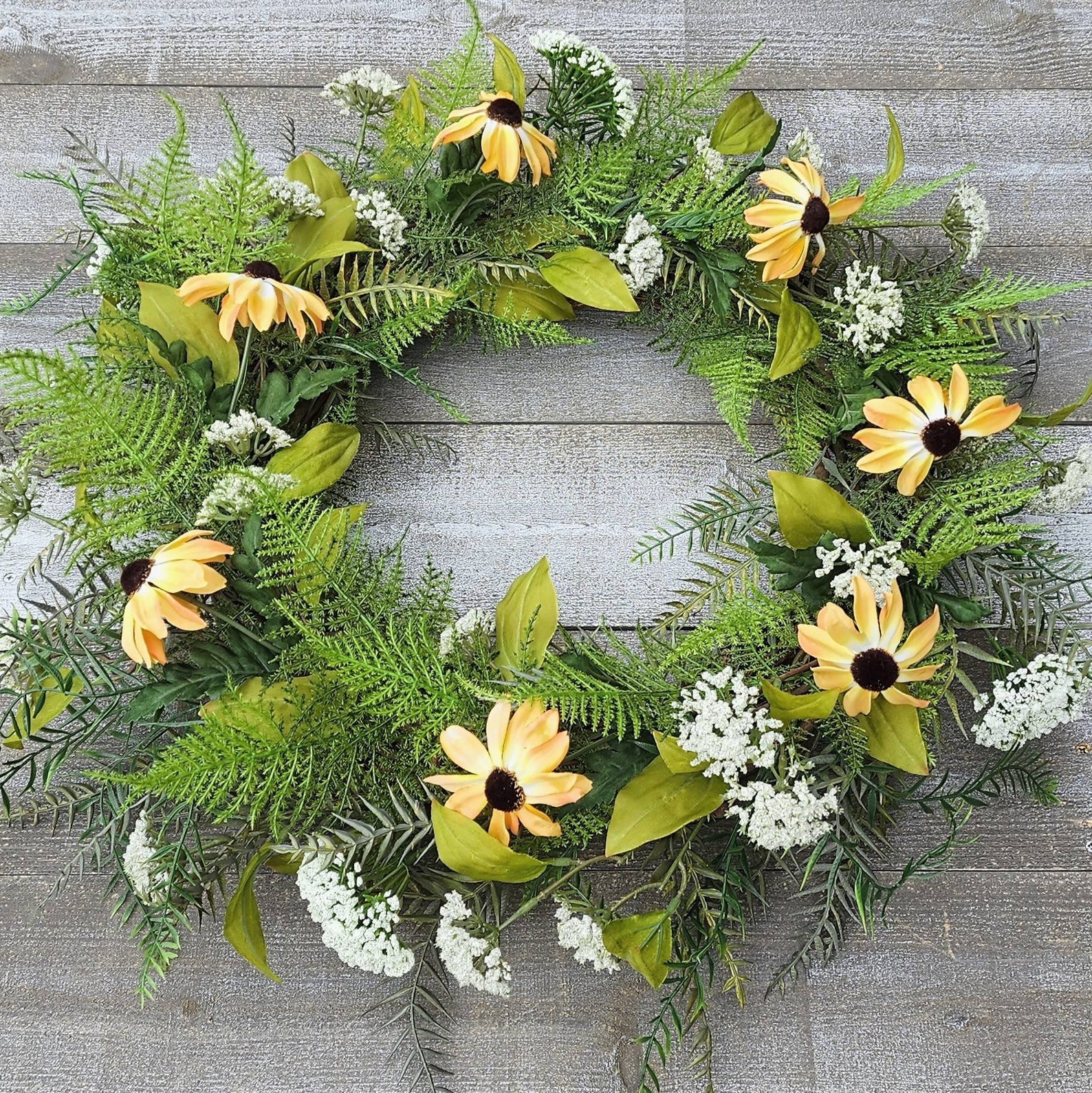 Black Eyed Susan Wreath, Wispy Wildflower and Fern Wreath, Yellow ...