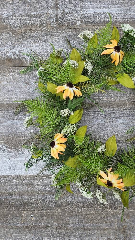 Black Eyed Susan Wreath, Wispy Wildflower and Fern Wreath, Yellow ...