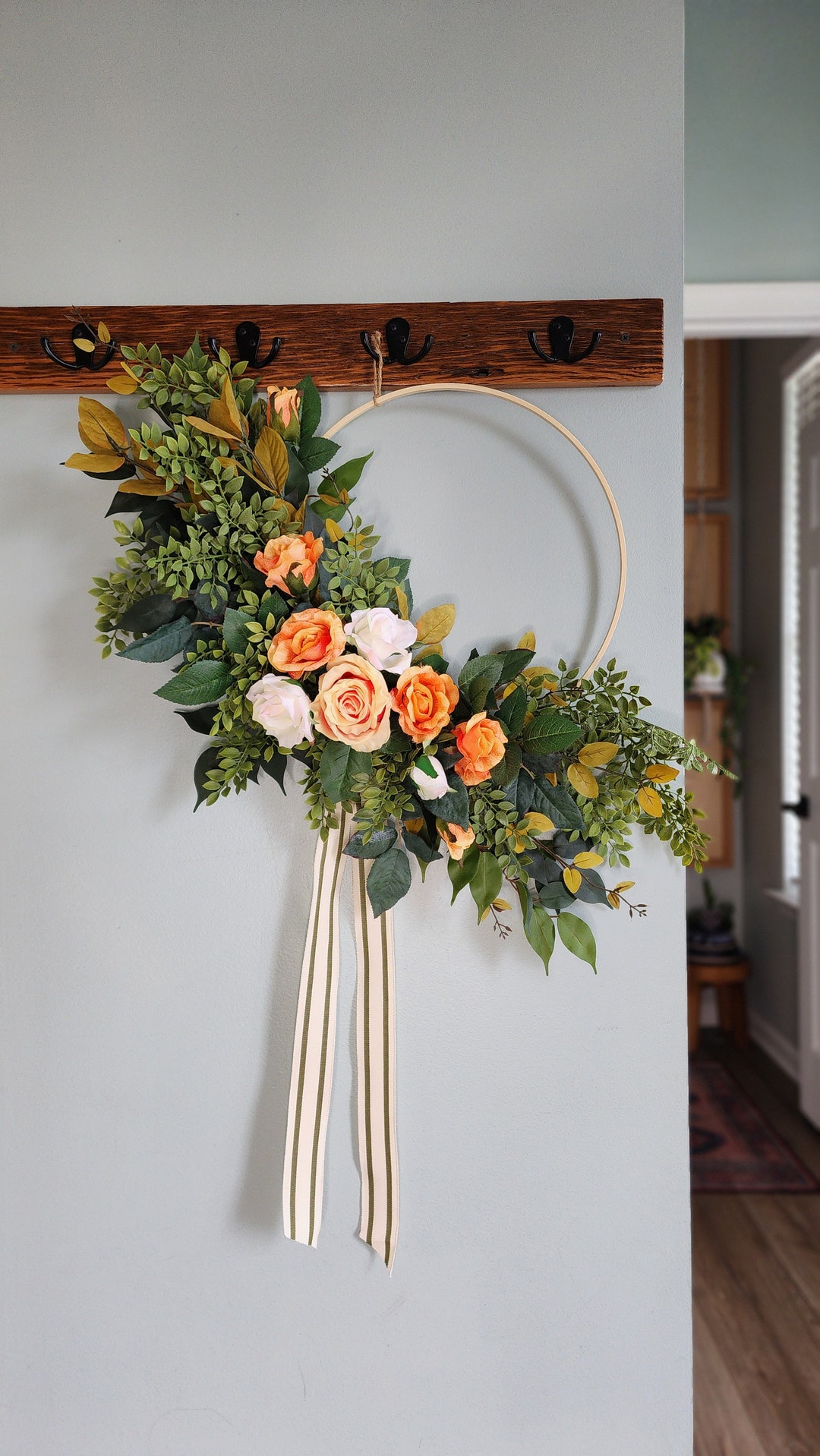 Rose Wreath, Orange Summer Wreath, Summer Hoop Wreath, June Birthday ...