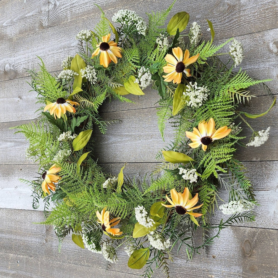 Black Eyed Susan Wreath, Wispy Wildflower and Fern Wreath, Yellow ...
