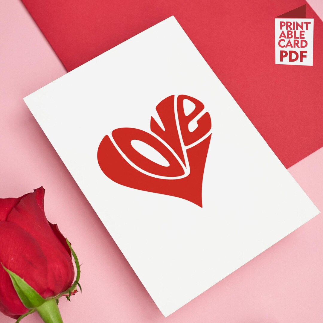 Love Typography in Heart Shape PRINTABLE CARD, Digital Download, PDF ...