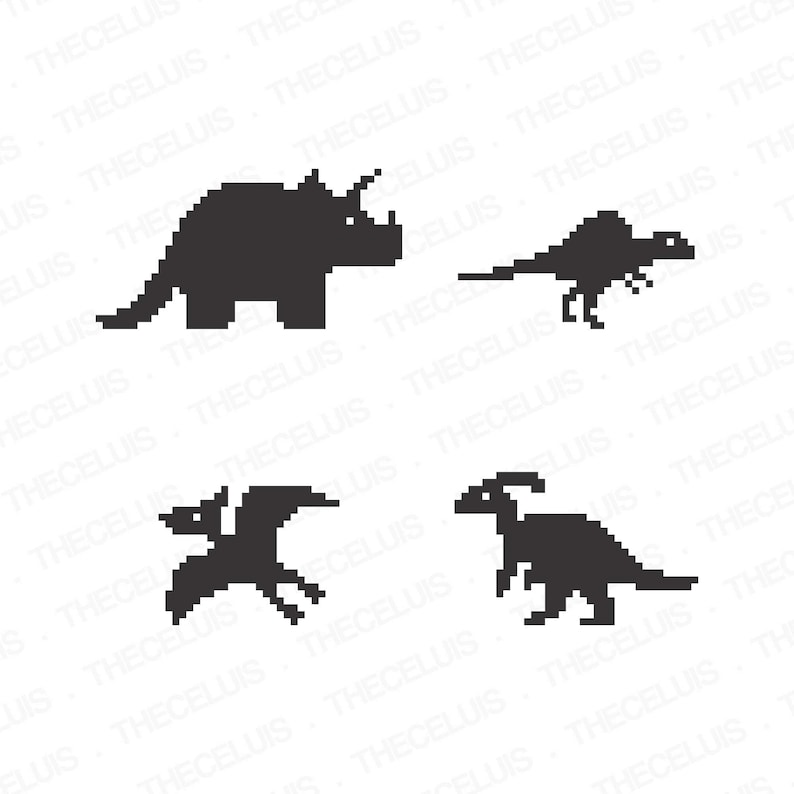 Dinosaurs 8-bit SVG, Eps, DXF, PNG Files, Pixelated Cutting File, Pixel ...