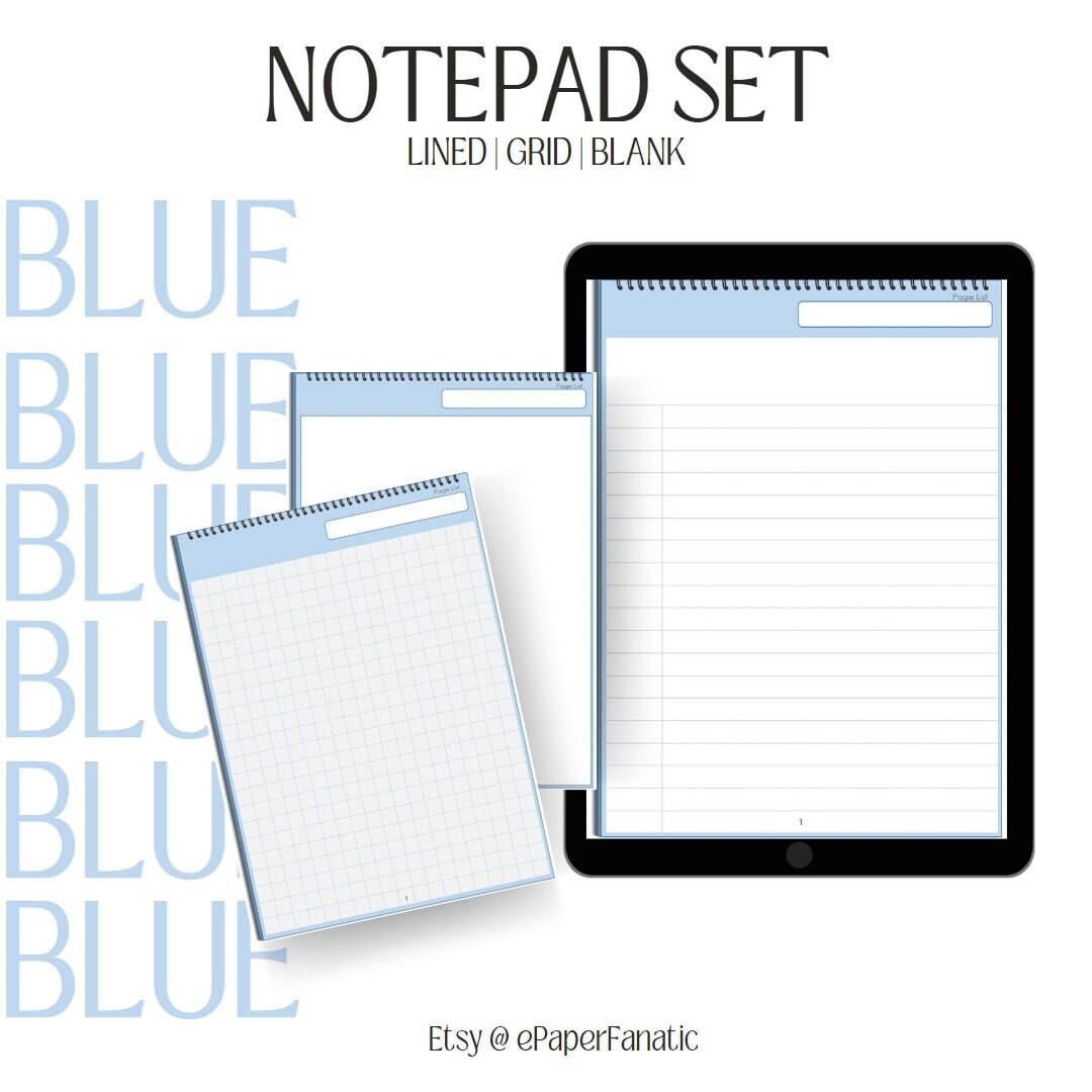 Blue Digital Notepad Set | 3 Hyperlinked PDF Notepads (lined, Blank ...