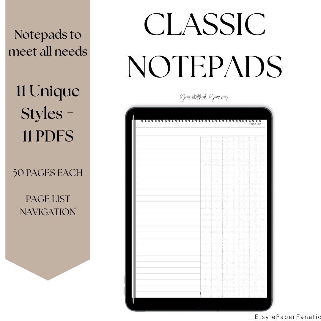 Classic Digital Notepad Bundle – 11 Hyperlinked PDF Notebook Styles ...