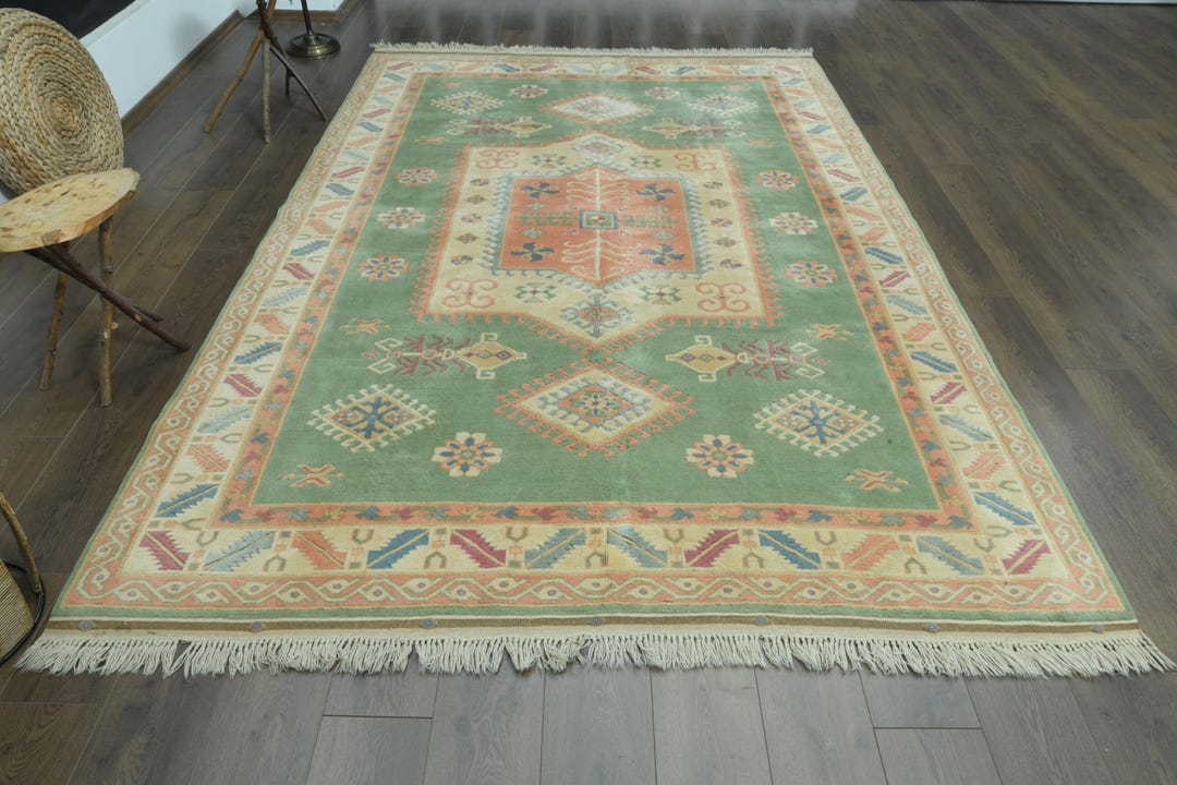 6.9x10.3 Ft, BEIGE GREEN RUG, Oushak Wool Rug, Vintage Area Rug, 7x10 ...