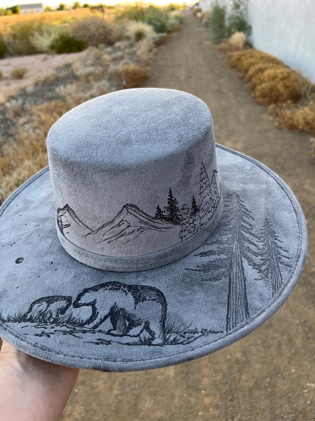 Bear Burned Hat Grey Mountain Suede Hat Flst Top Cowboy Hat - Etsy