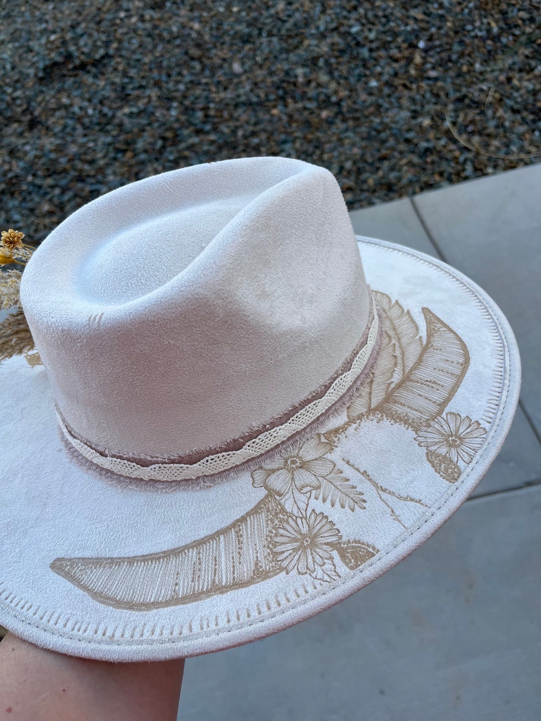 Ivory Steer Head Burned Hat Suede Rancher Hat Ladies Western Hat ...