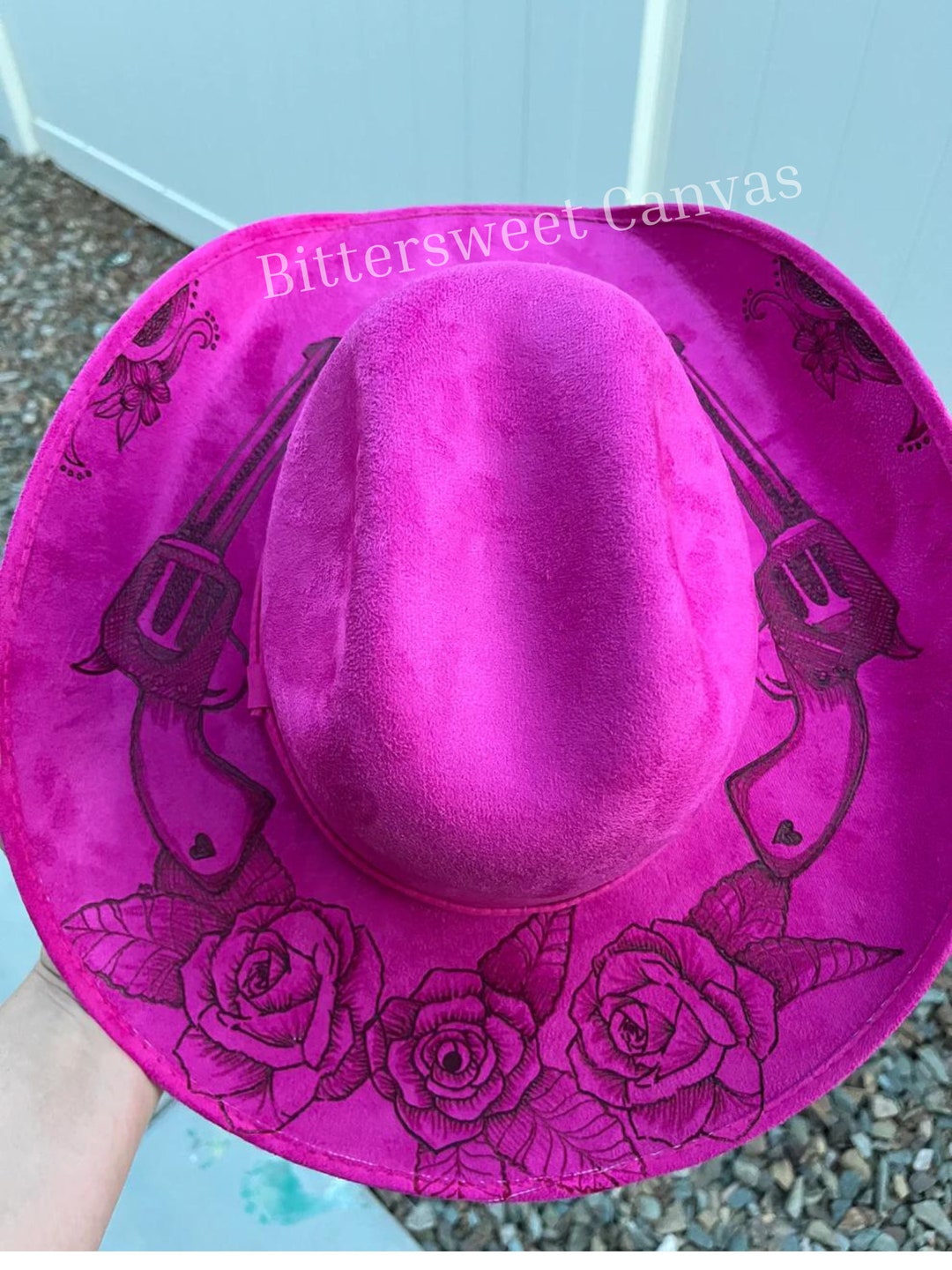 Cowboy Hat With All Revolver Design in Fuchsia Pink – Hand Burned ...