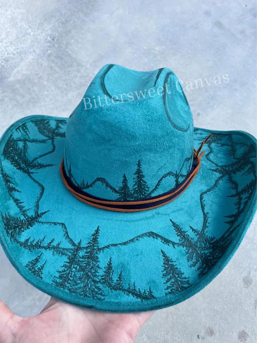 Teal Turquoise Mountain Hat Cowgirl Burned Hat Suede Hat Cowboy Hat ...