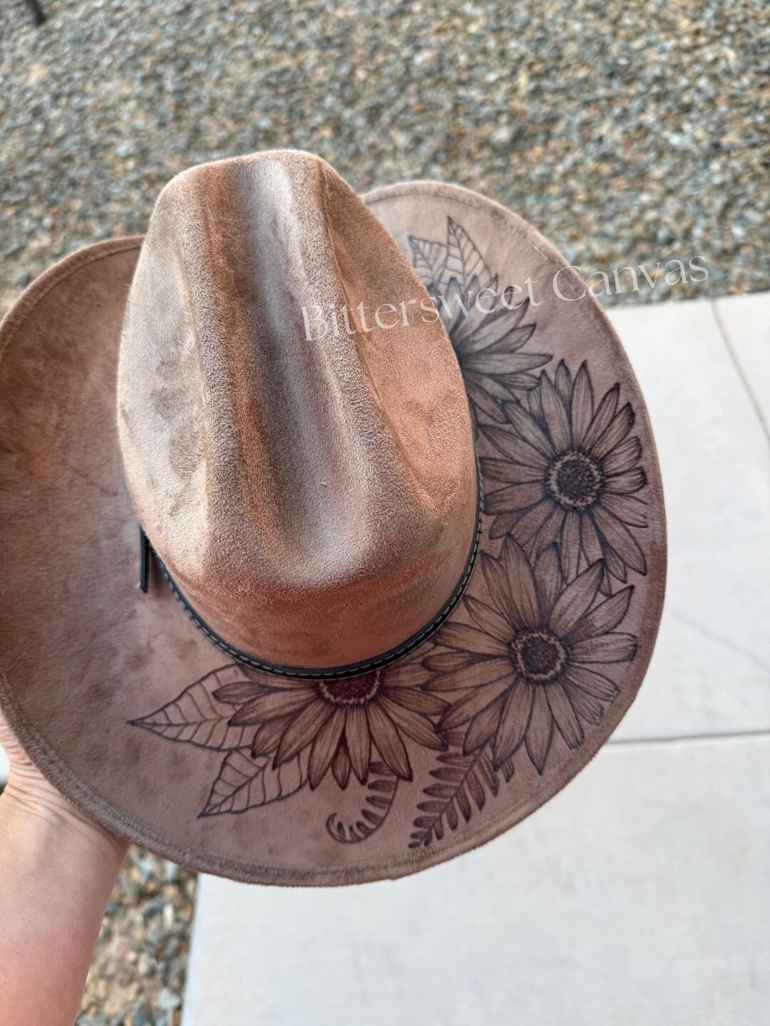 Taupe Floral Hat Hand Burned Cowboy Hat Cowboy Hat Ladies Western Explorer Hat Wedding Hat Wide ...
