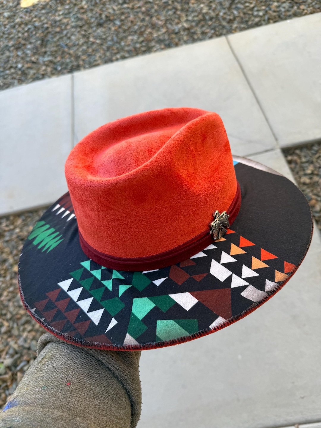 Orange Fabric Lined Tribal Native Hat Suede Hat Flst Top Cowboy Hat ...