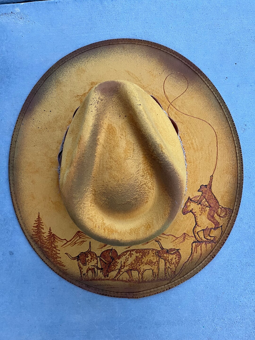 Yellow Longhorn Cattle Drive Hat Hand Burned Cowboy Hat Cowboy Hat ...
