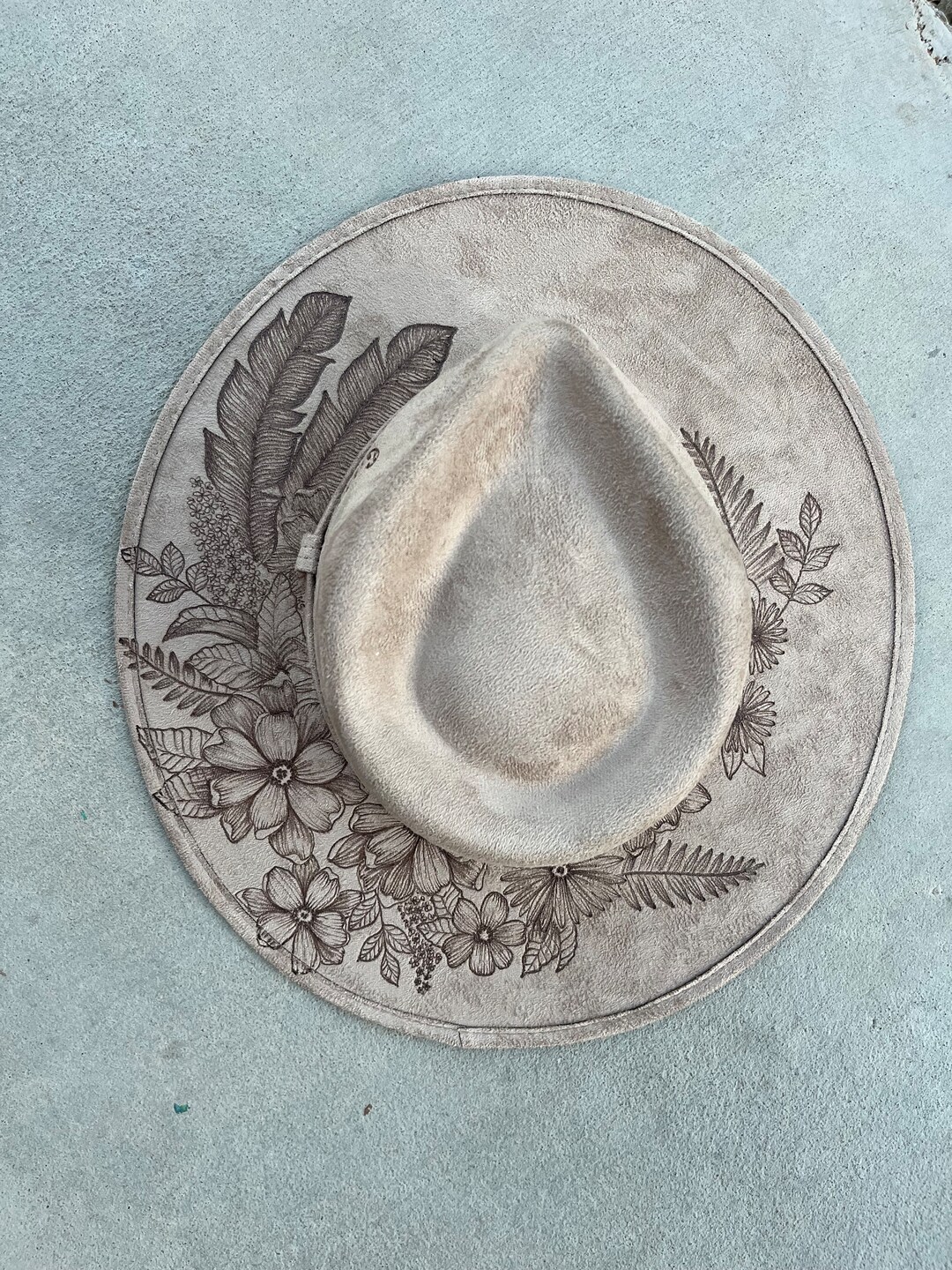 Taupe Floral Feather Hat Hand Burned Cowboy Hat Cowboy Hat Ladies ...