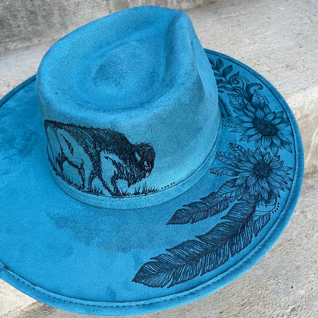 Blue Buffalo Bison Hat Hand Burned Cowboy Hat Cowboy Hat Ladies Western ...