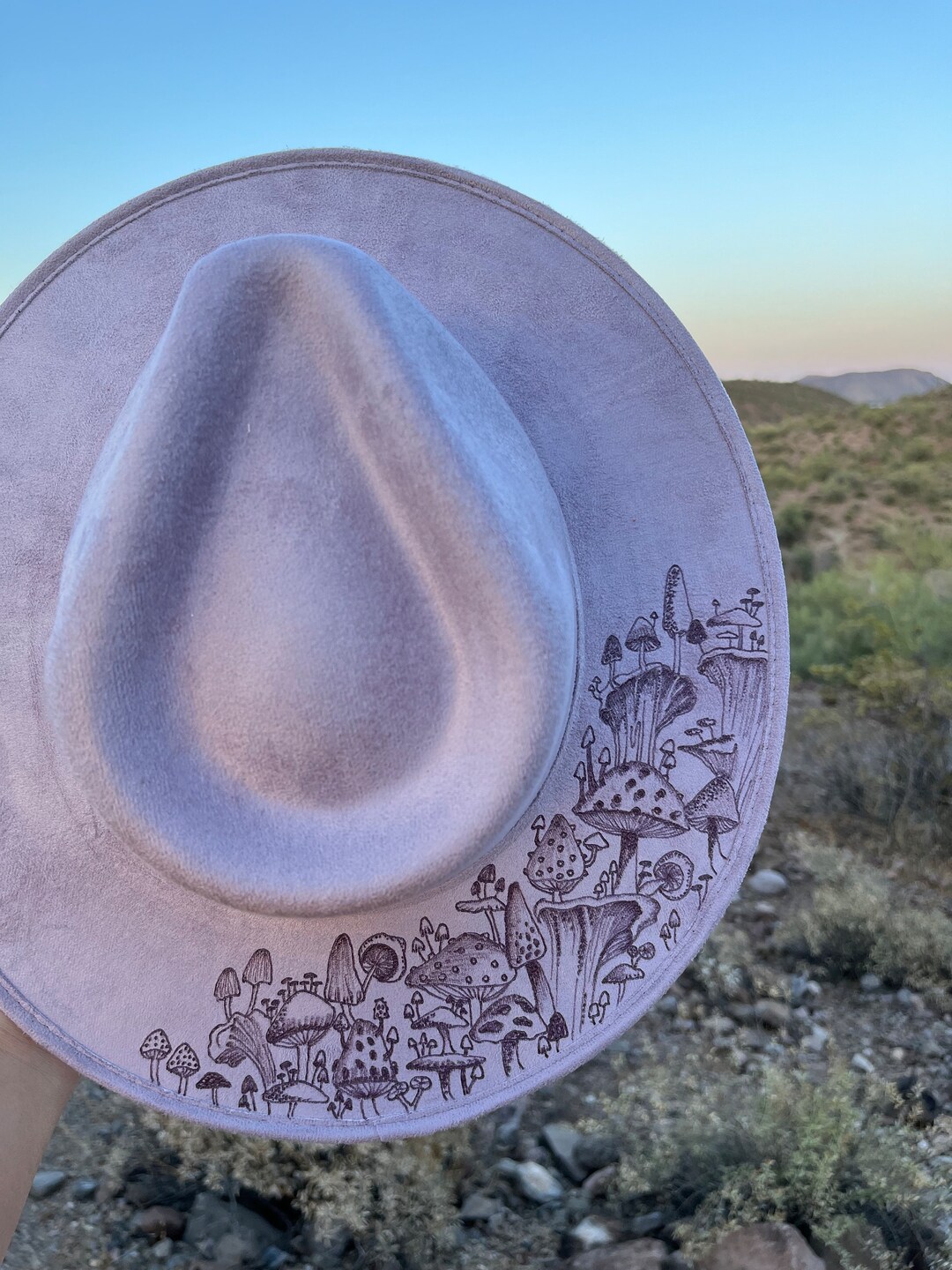 Mushroom Burned Lavender Hat Flower Cowboy Tan Hat Ladies Western Hat Floral Wedding Hat Wide ...