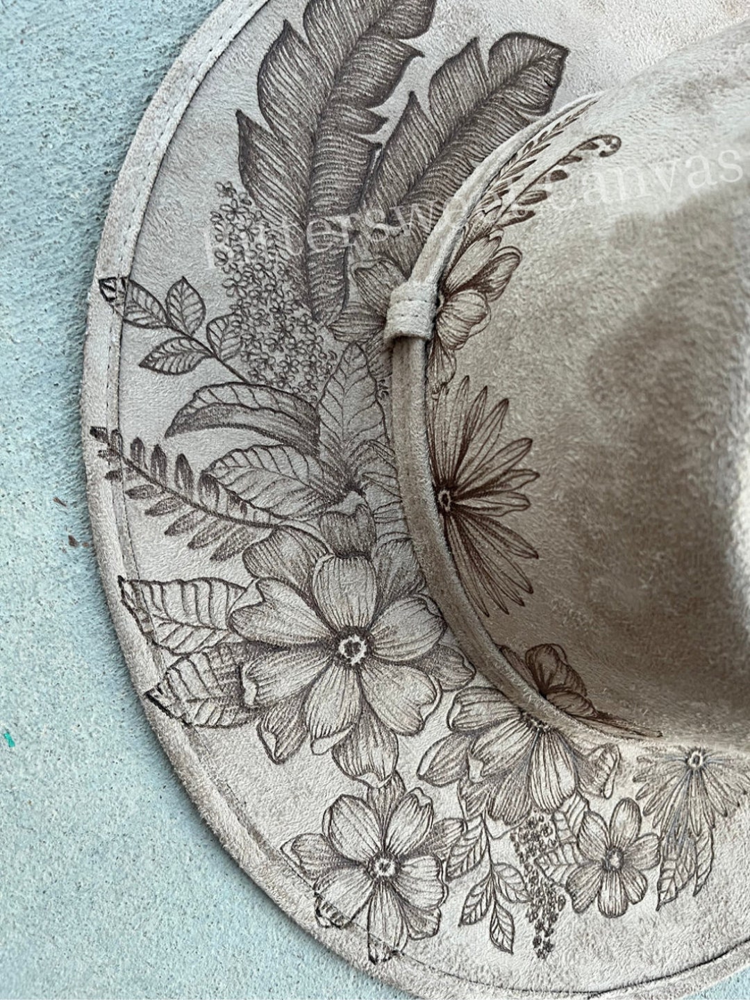 Taupe Floral Feather Hat Hand Burned Cowboy Hat Cowboy Hat Ladies ...