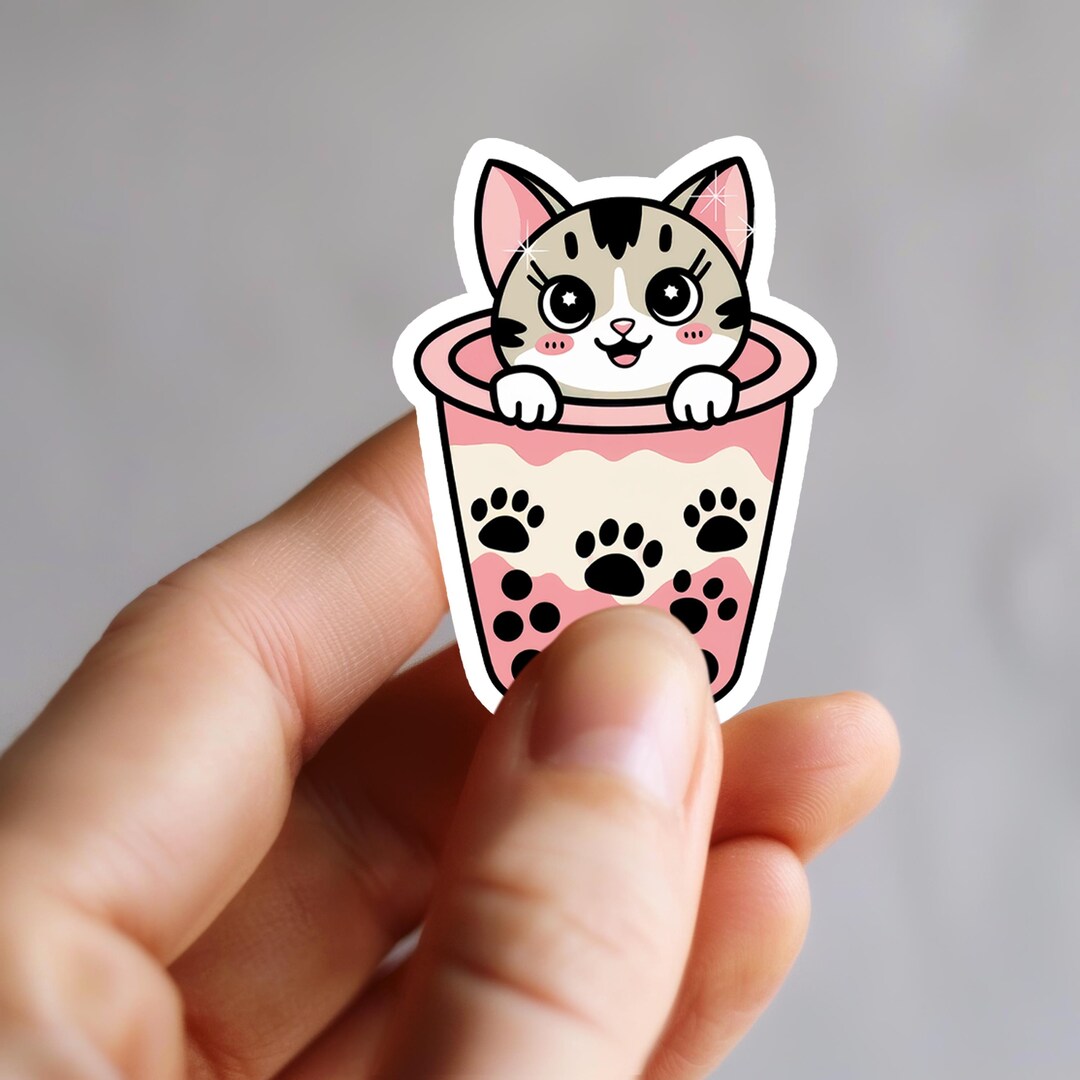 Kawaii Boba Cat Sticker | Cute Kitty in Bubble Tea Cup | Pink Boba ...