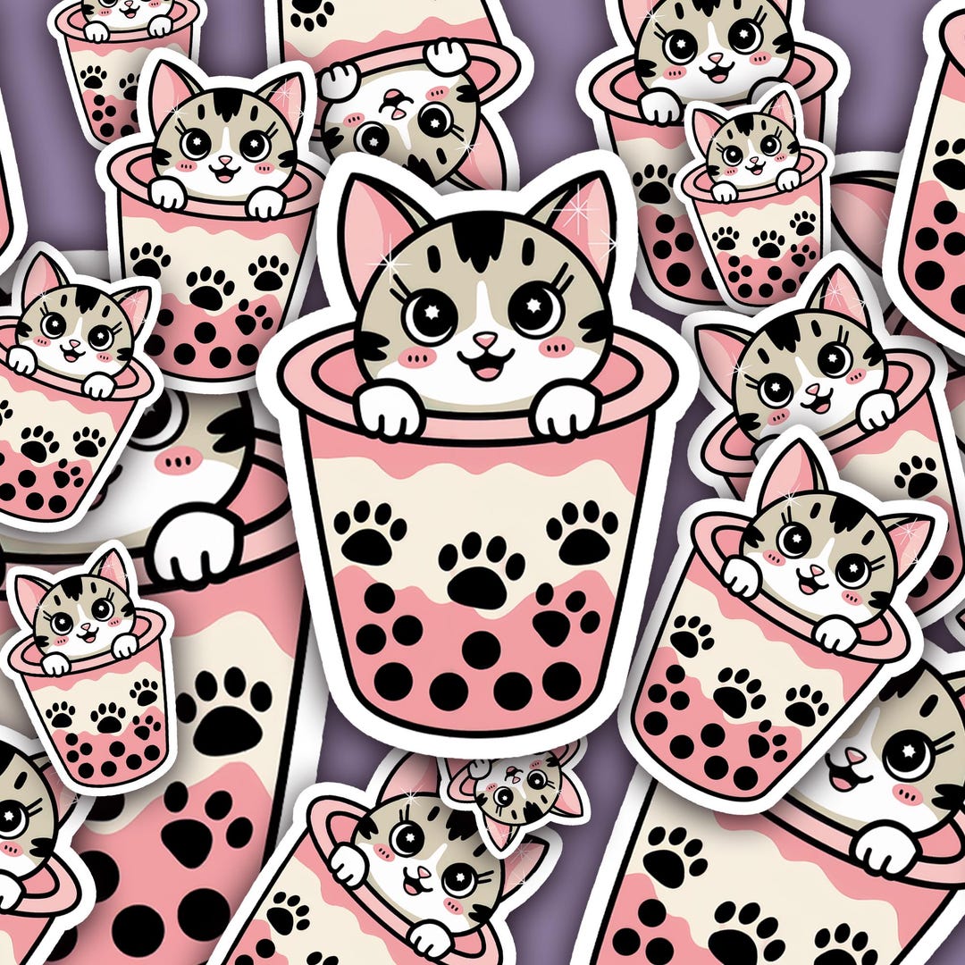 Kawaii Cat Sticker | Bubble Tea Decal | Pink Boba Drink Vinyl Sticker ...