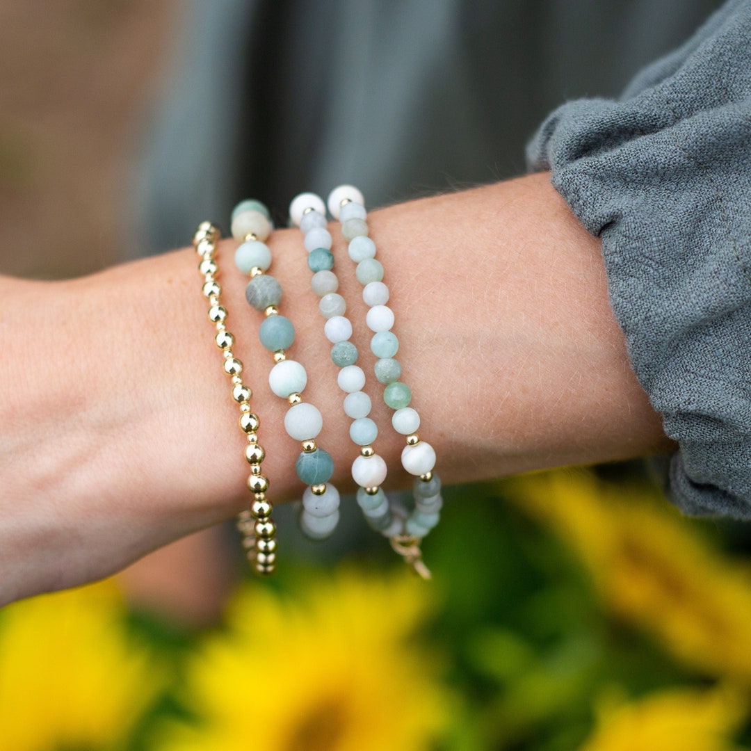 Matte Green Burmese Jade STACK - Gemstone Full Rosary Bracelet - 14K ...