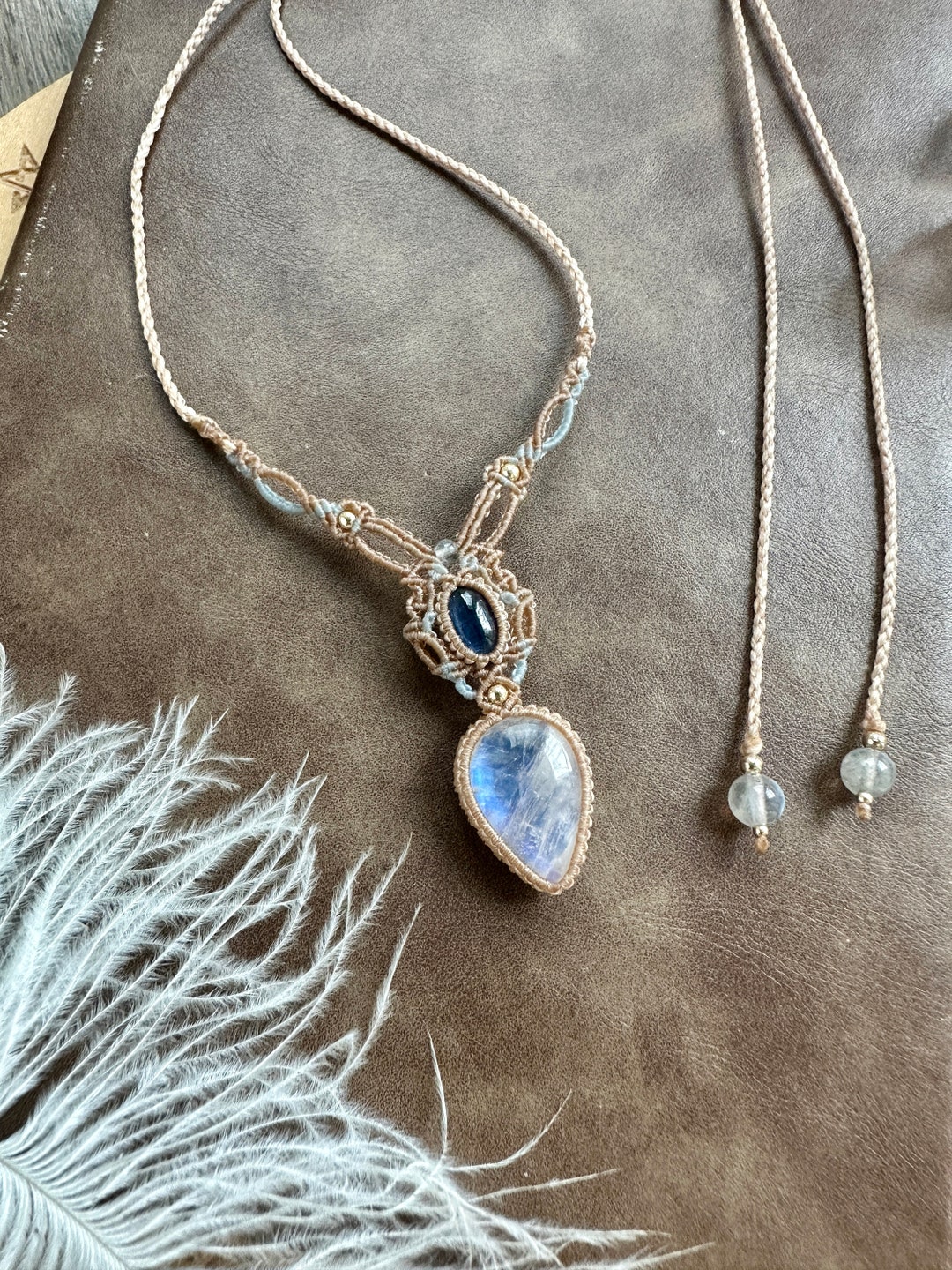 Moonstone and Kyanite Macrame Pendant Necklace, Bohemian Jewelry, Handmade Jewelry, Goddess ...