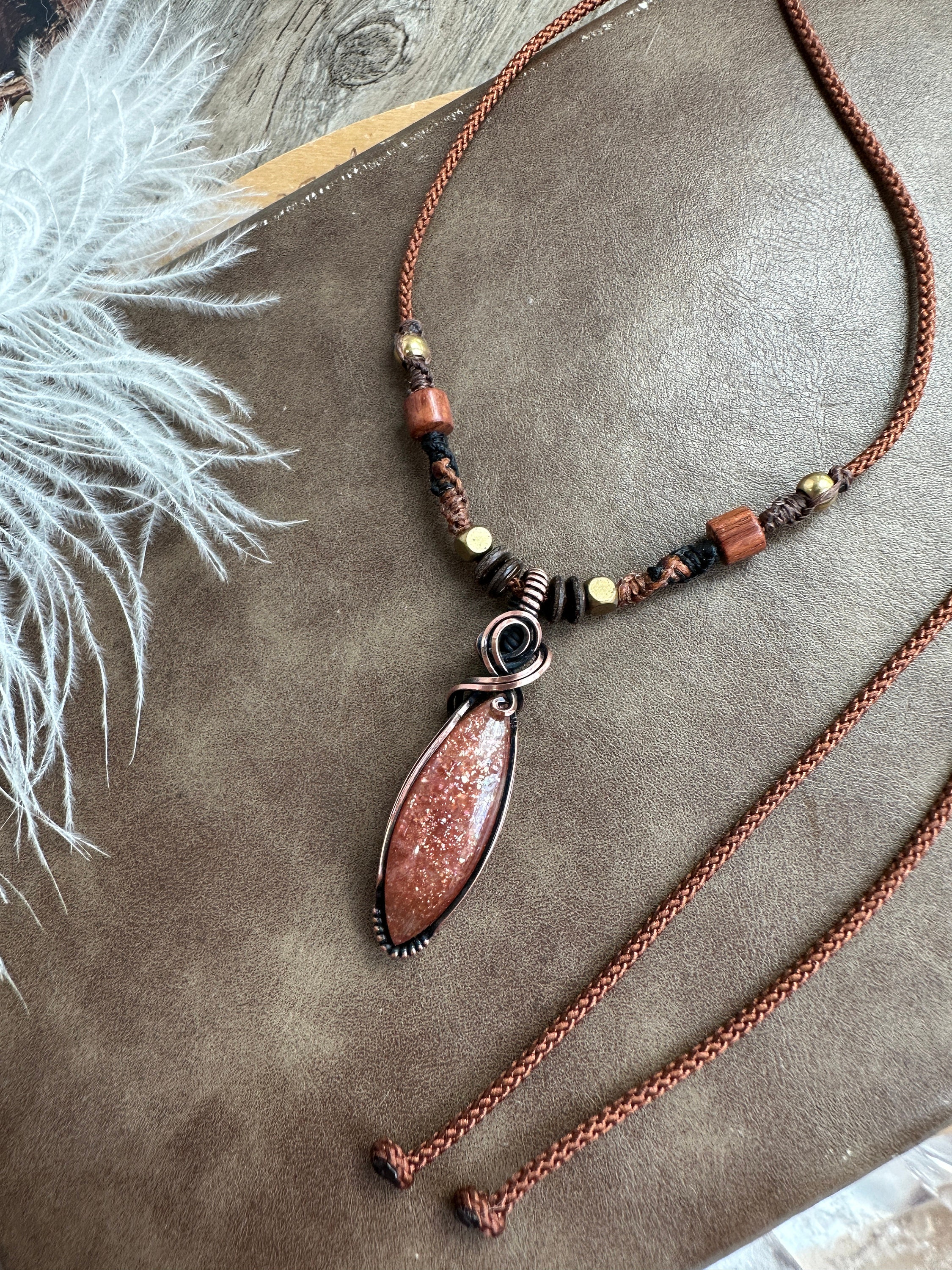 Sunstone Pendant in Antiqued Copper With Macrame, Pendant in Copper ...