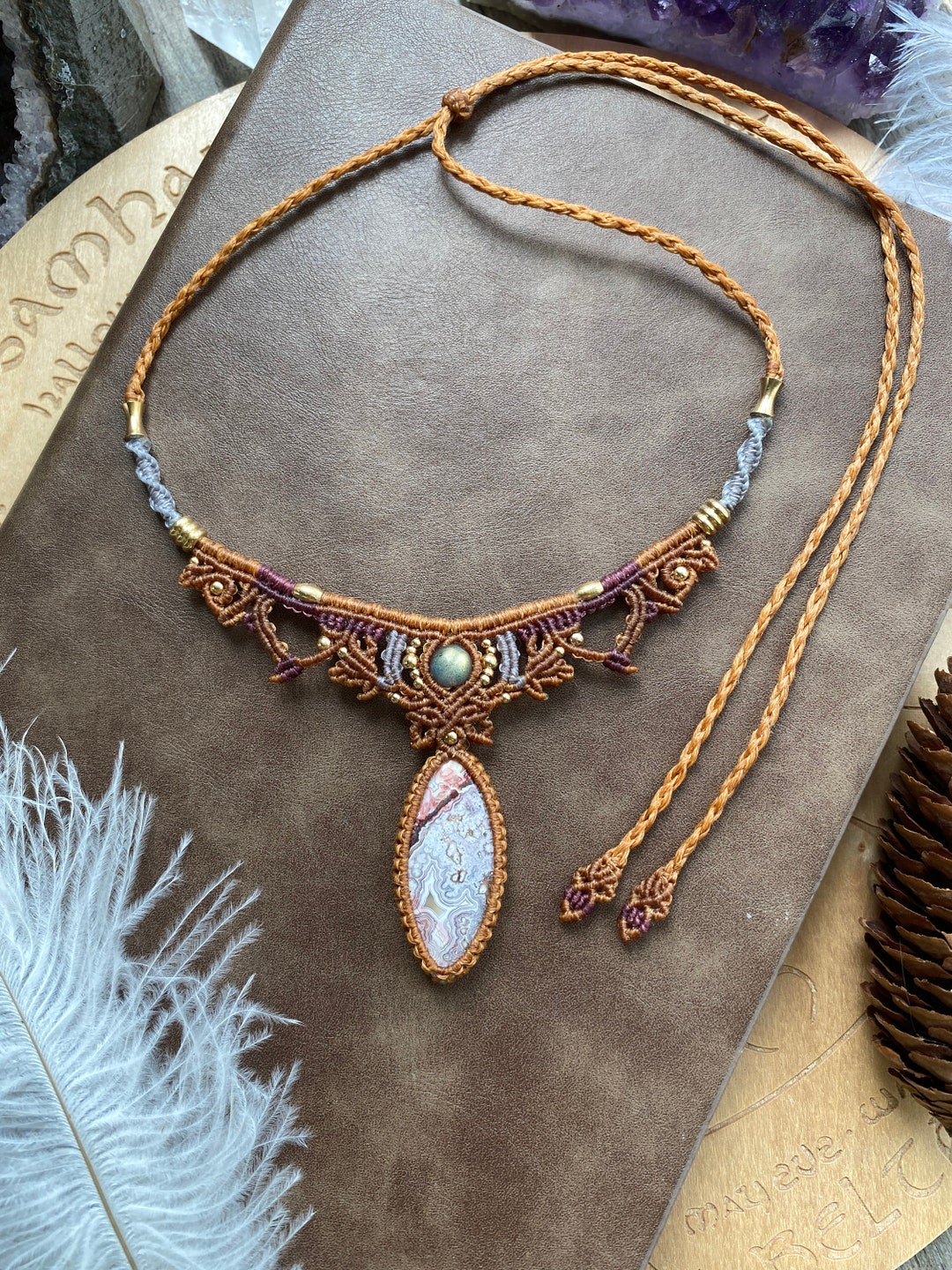 Handmade Macrame Necklace With Crazy Lace Agate, Boho Statement Jewelry ...