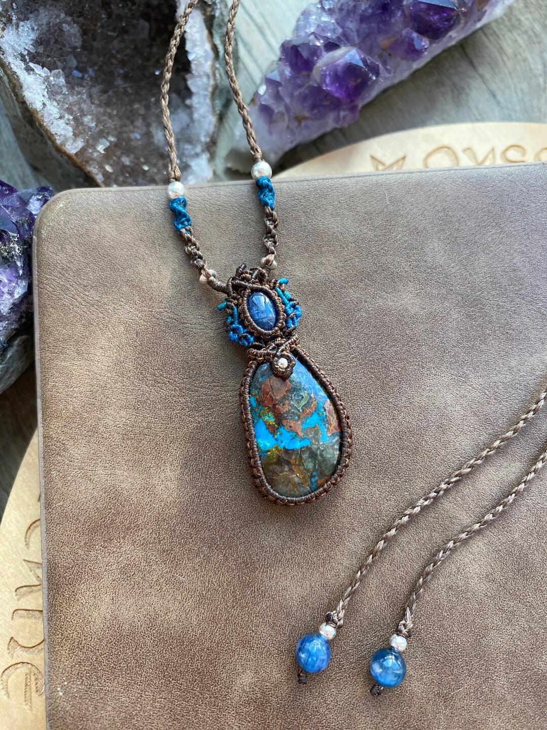 N720 - Chrysocolla and Kyanite Macrame Necklace, Bohemian Jewelry, Handmade Jewelry, Goddess ...