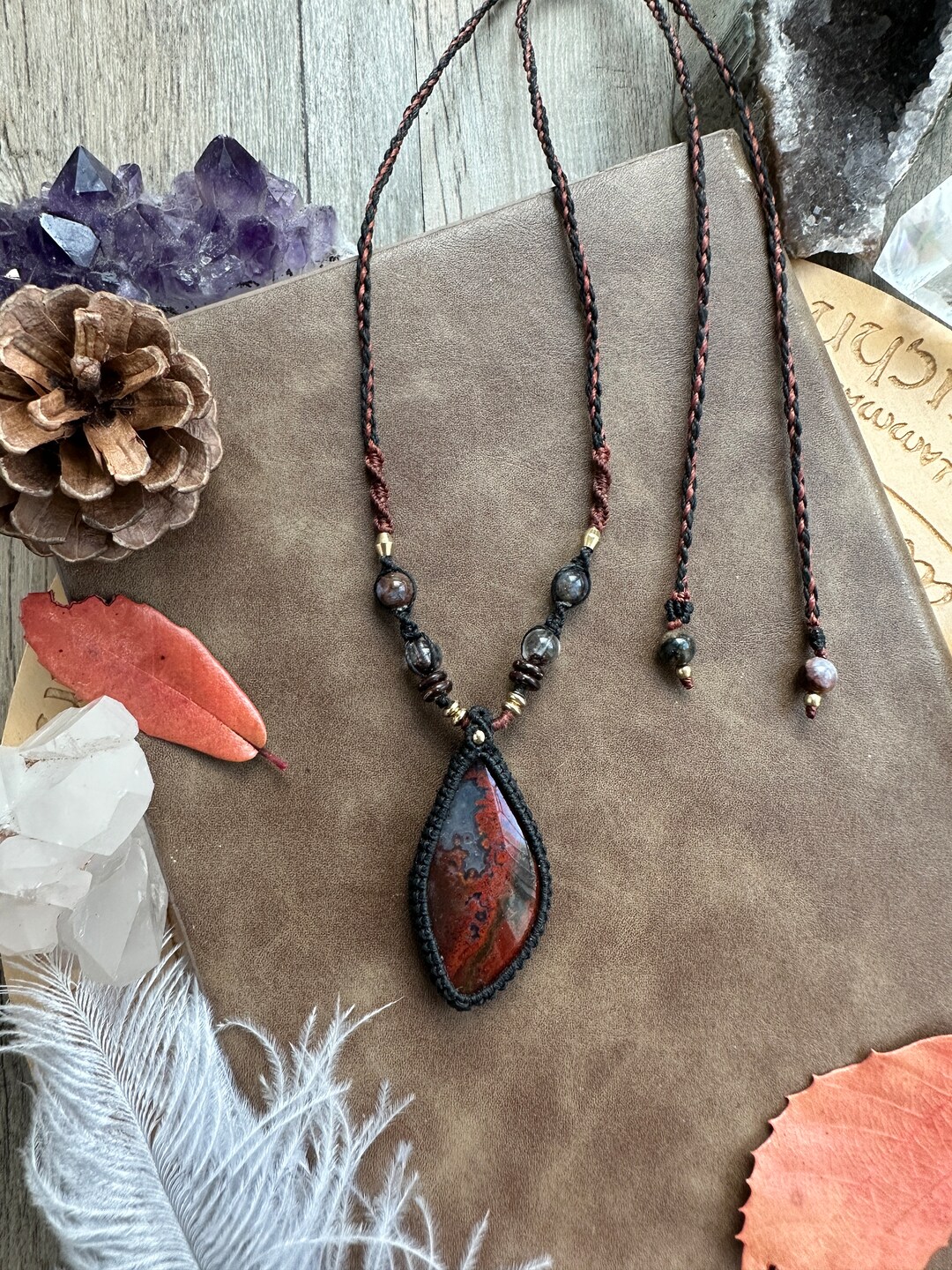 N482 Macrame Necklace With Moss Agate, Bohemian Jewelry, Handmade ...