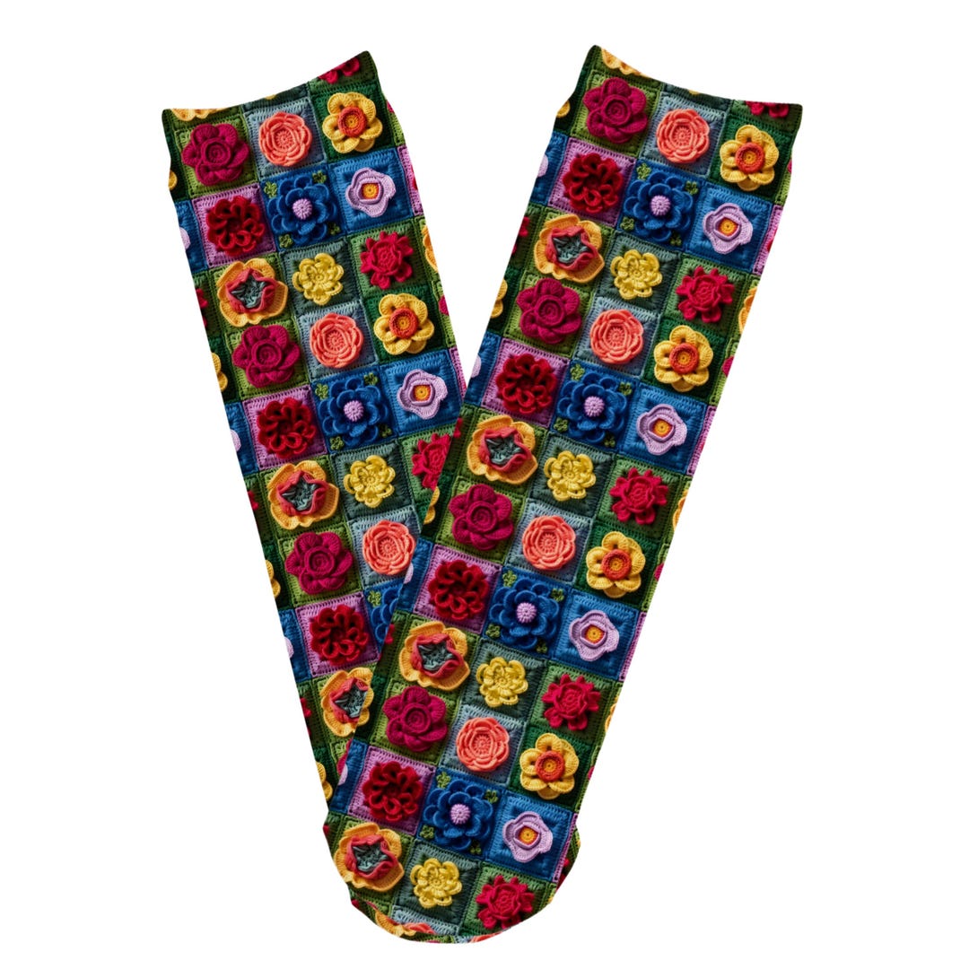 Floral Granny Squares Socks, Faux Crochet, Group Matching Idea, Family ...