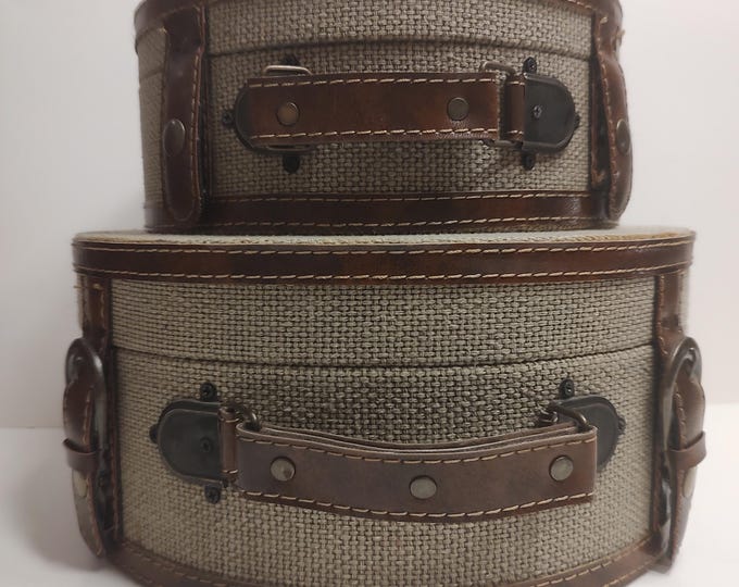 Vintage Round French Inspired Hat Box Tweed Traveling Suitcase, 2pc ...