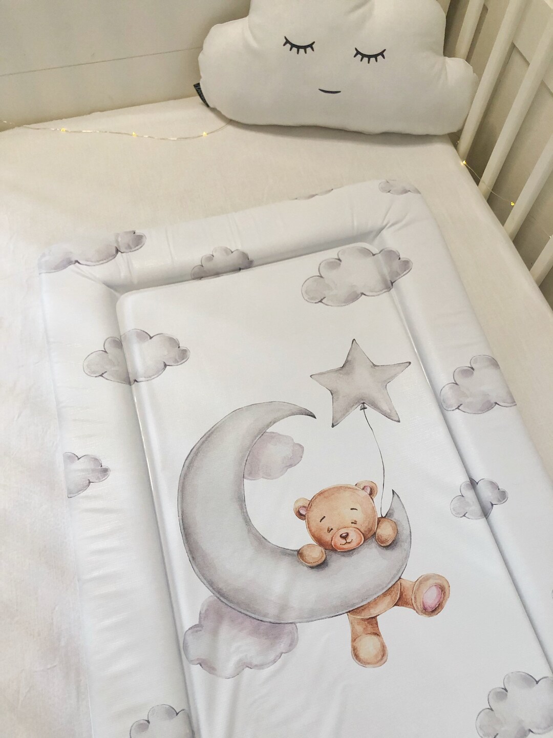Changing Mat, BEAR, MOON and Clouds, Bear Decor, Children's Room Decor ...