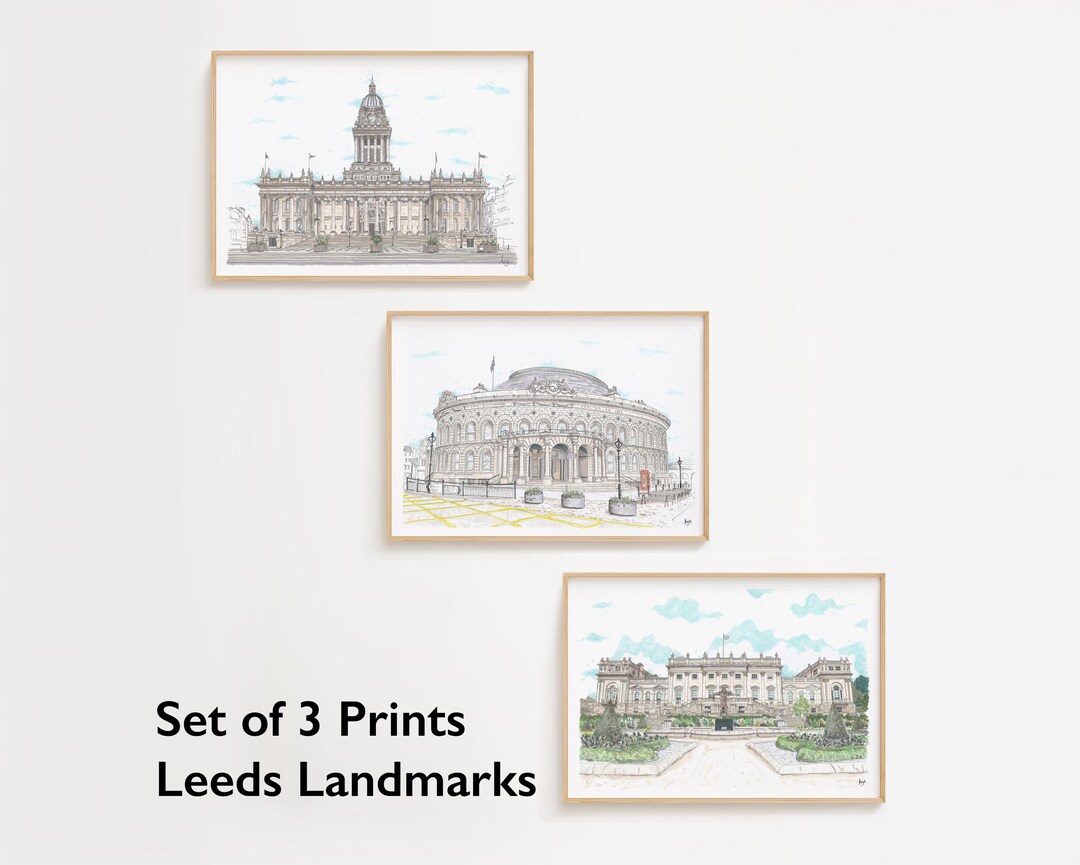 Set of 3 Leeds Landscape Prints, Town Hall, Corn Exchange & Harewood ...