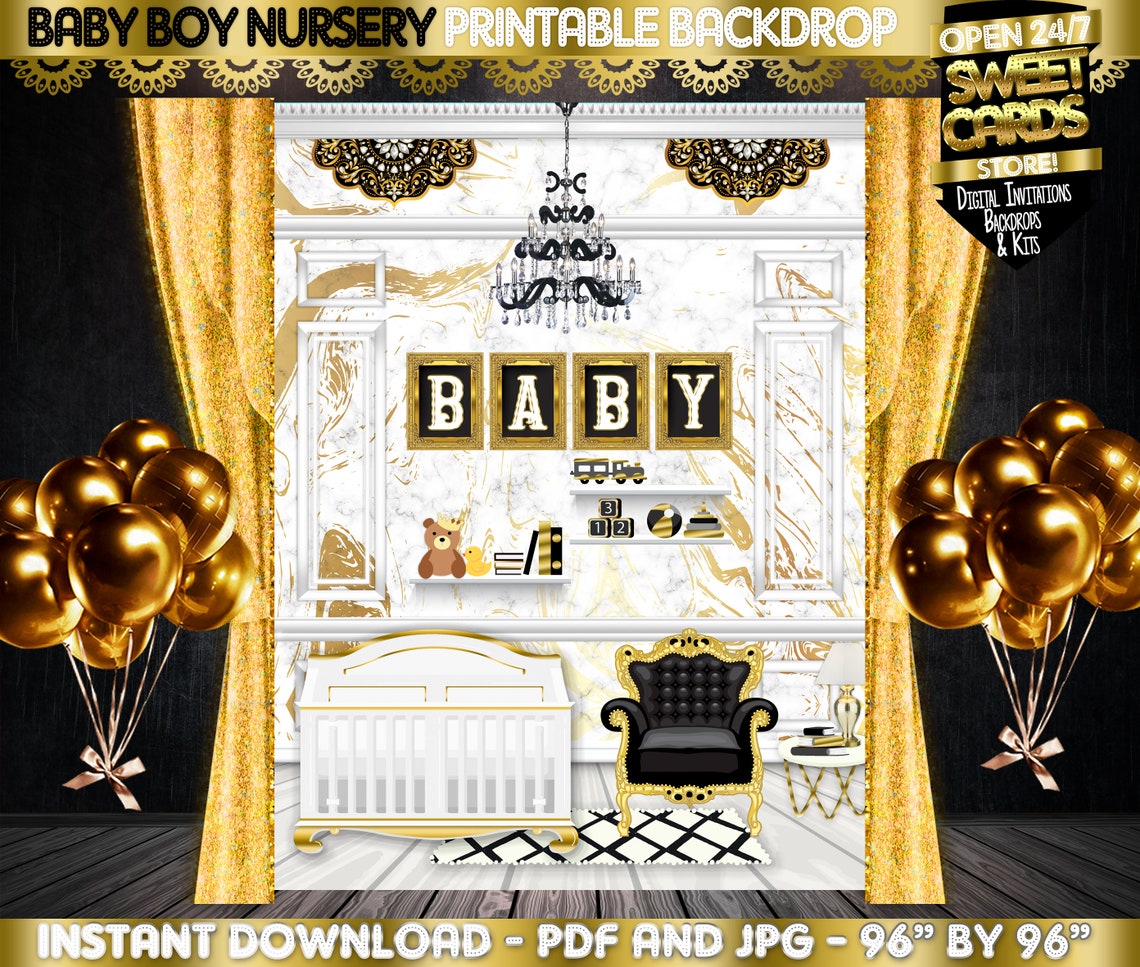 Nursery Baby Shower Printable Backdrop White Gold Black Baby - Etsy