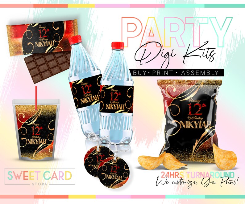 Red Gold Glitter Birthday Printable Favor Tags Elegant Red | Etsy