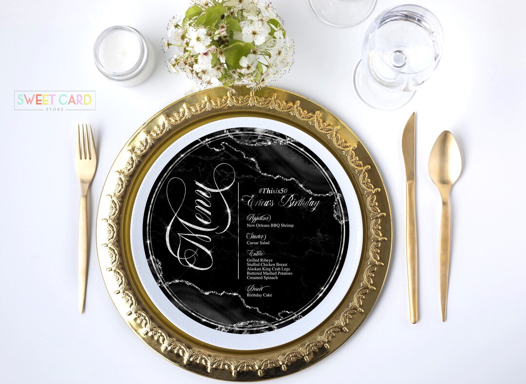 MARBLE MENU CARDS, Marble Glitter Birthday Charger Insert Table Card ...