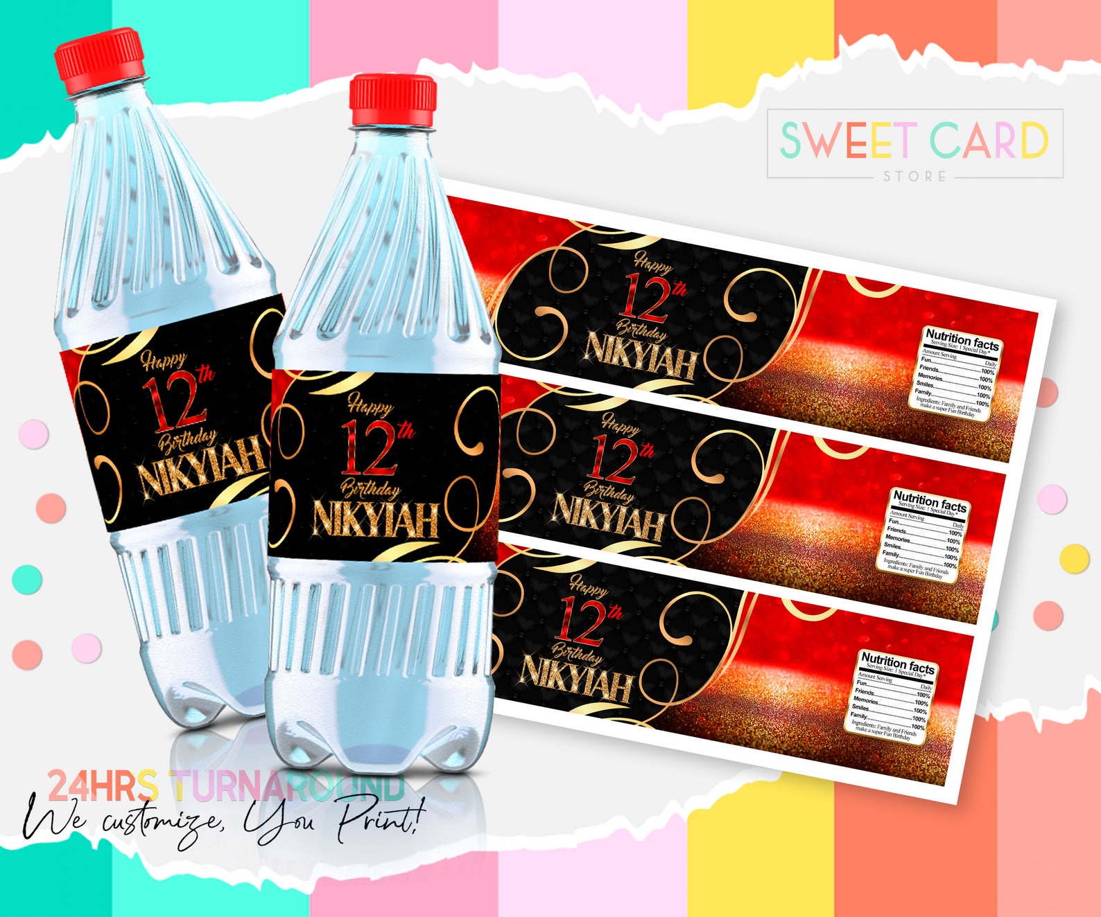 Red Gold Glitter Birthday Printable Favor Tags Elegant Red | Etsy