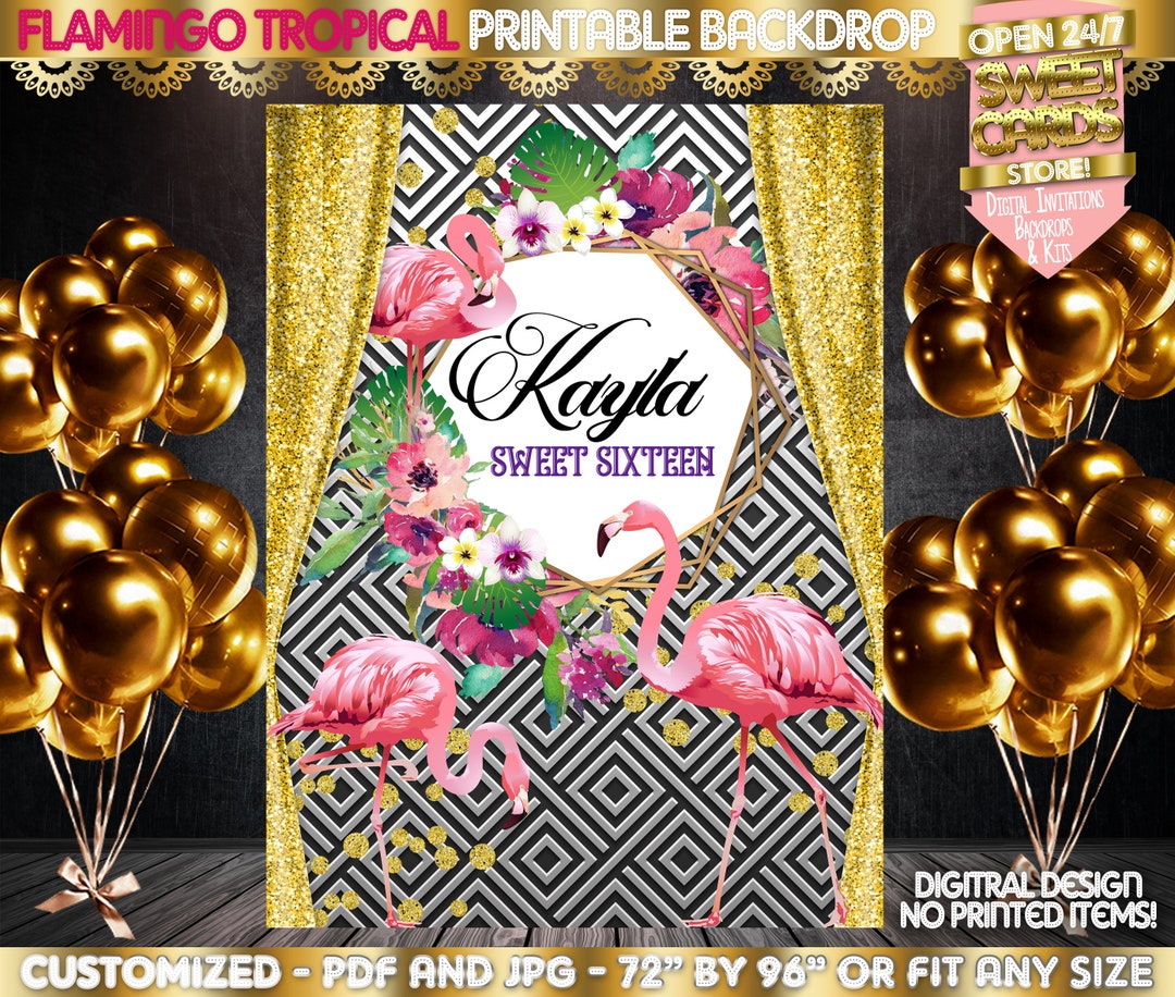 Flamingo Floral Gold Glitter Printable Backdrop, Flamingo Party ...