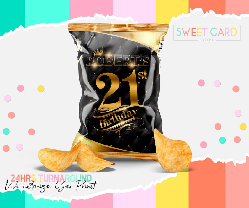 21st Birthday Printable Chip Bag Black Gold Birthday King | Etsy