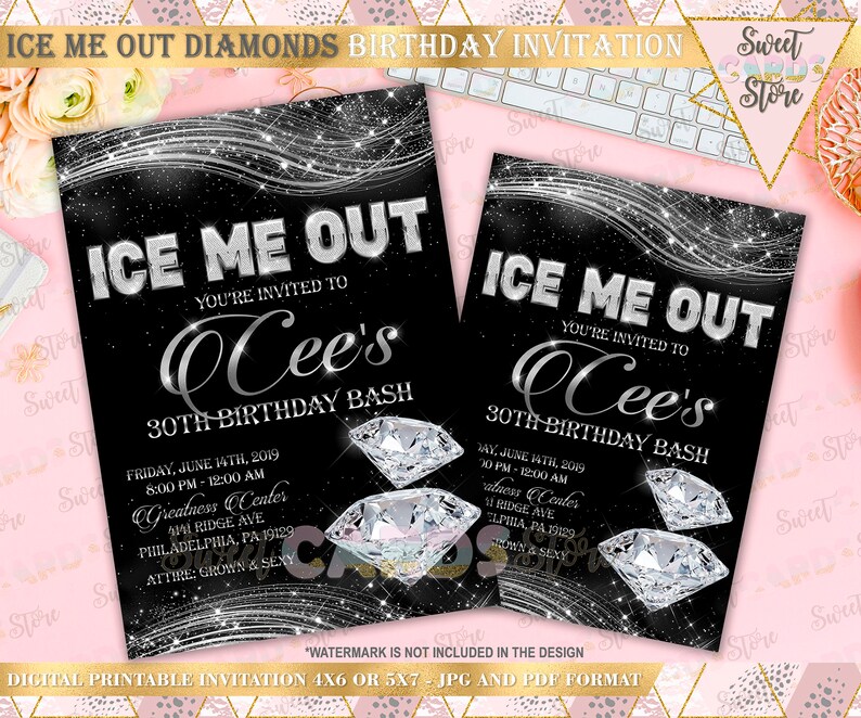 Diamonds Ice Me Out Invitation Black Silver Diamonds Birthday | Etsy