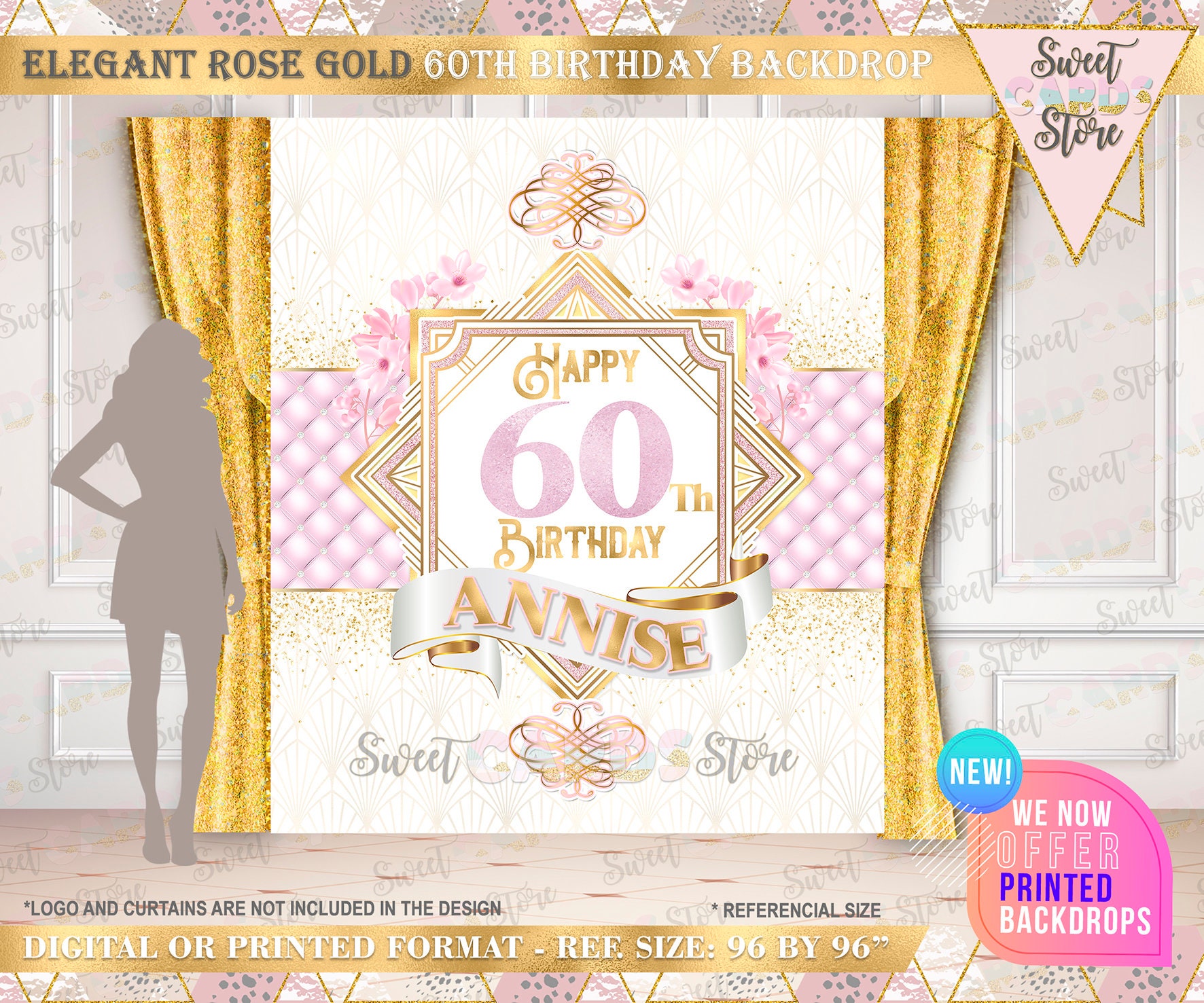 Elegant pink gold rose floral 60th birthday backdrop elegant | Etsy