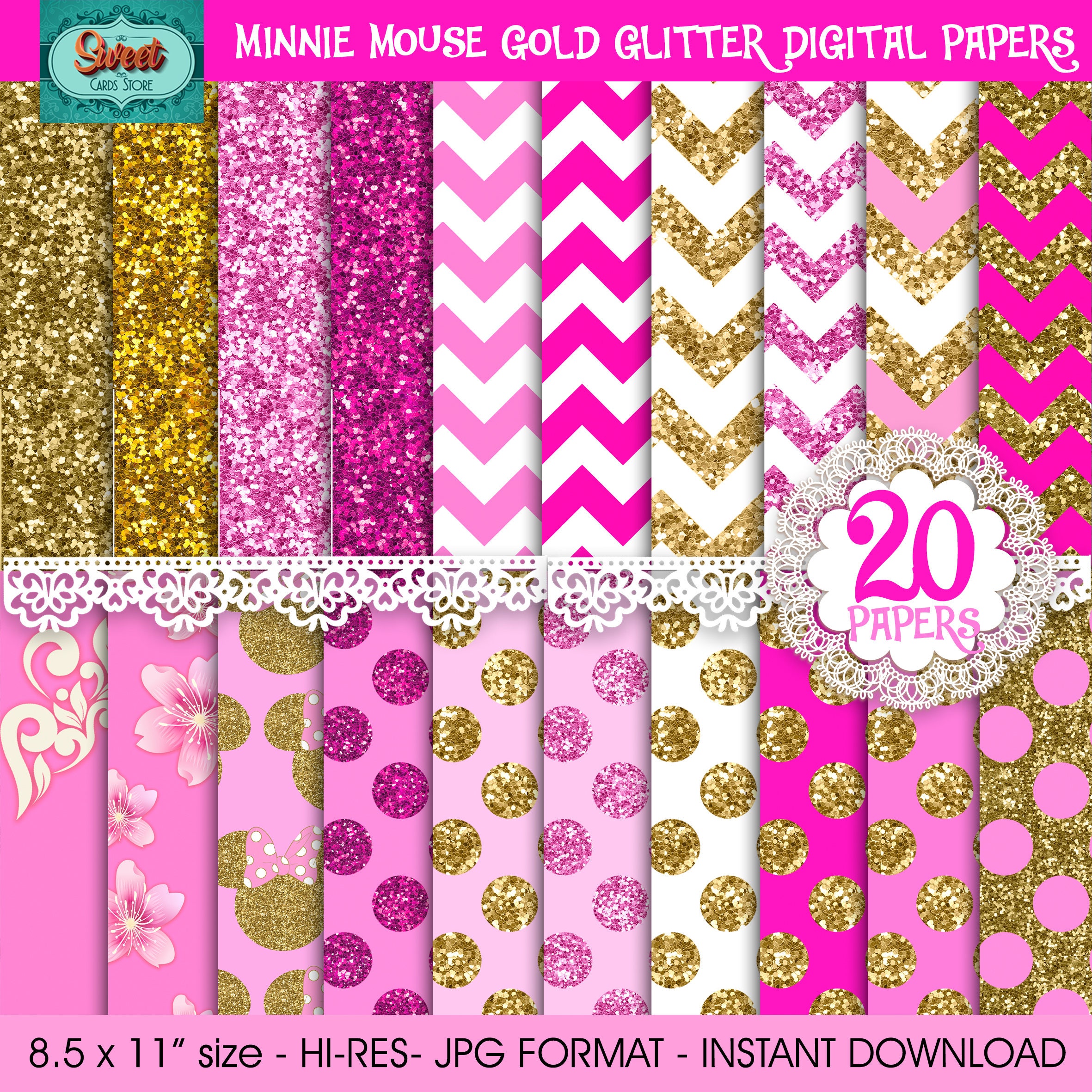 Minnie Glitter Gold and Pink Digital Paper Gold and Pink | Etsy