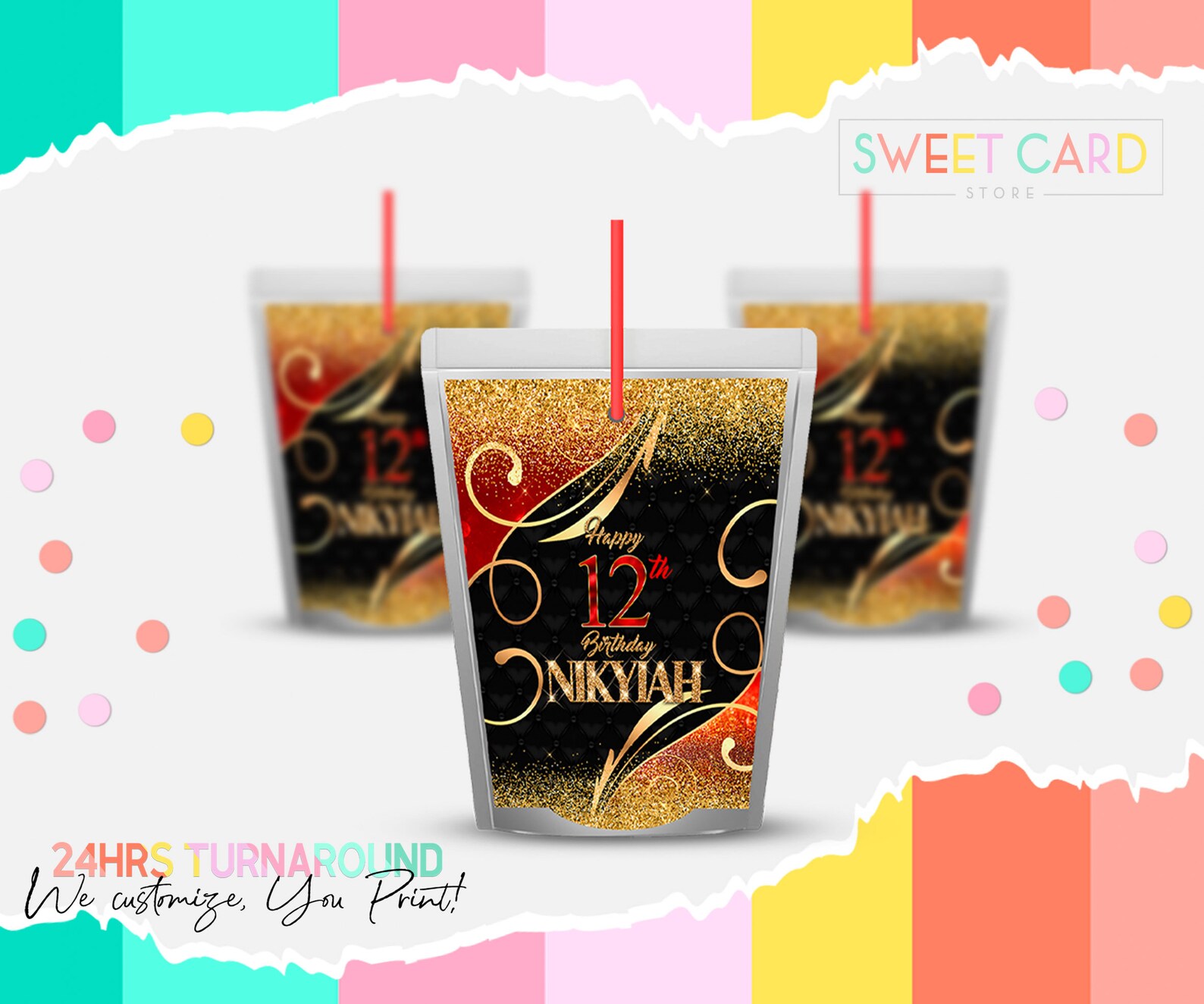 Red Gold Glitter Birthday Printable Favor Tags Elegant Red | Etsy