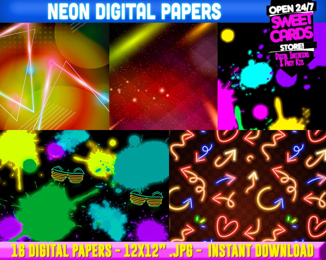 Neon Digital Papers Neon Pattern Background Light Splash - Etsy
