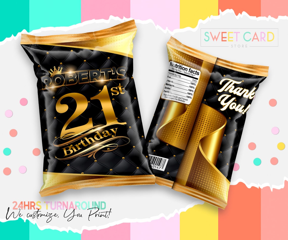 21st Birthday Printable Chip Bag Black Gold Birthday King | Etsy