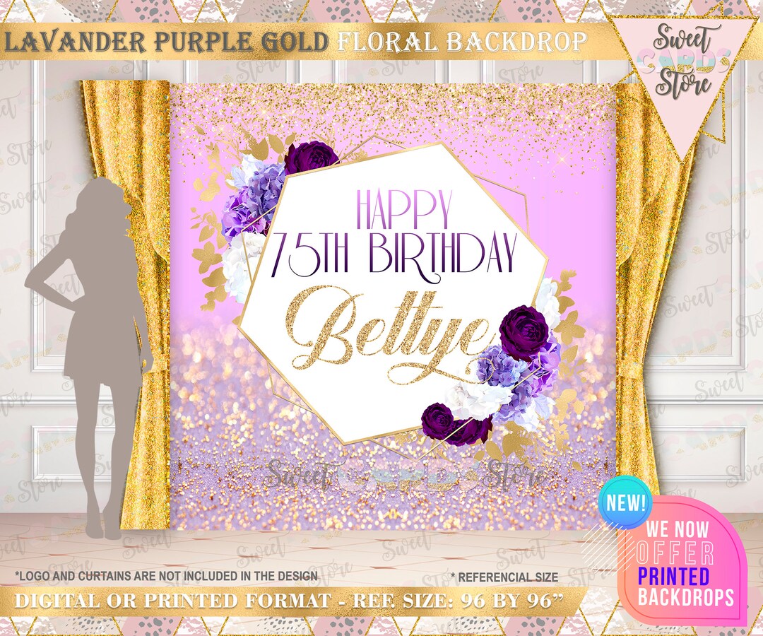 Floral Purple and Gold Birthday Backdrop, Purple and Gold Floral ...